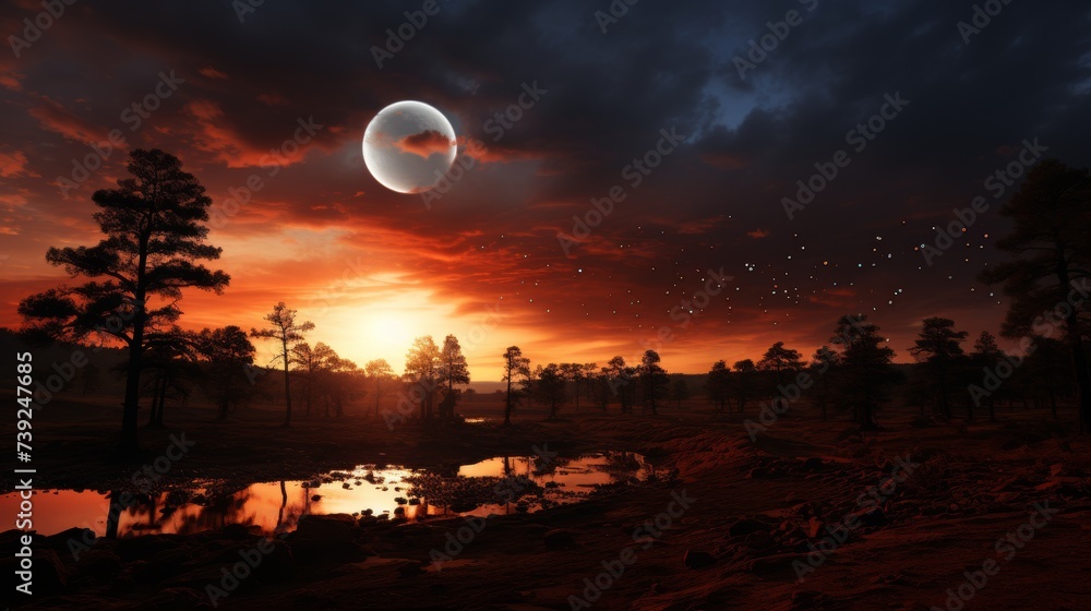 Wide-angle shot of a landscape under a full lunar eclipse, reddish hue ...