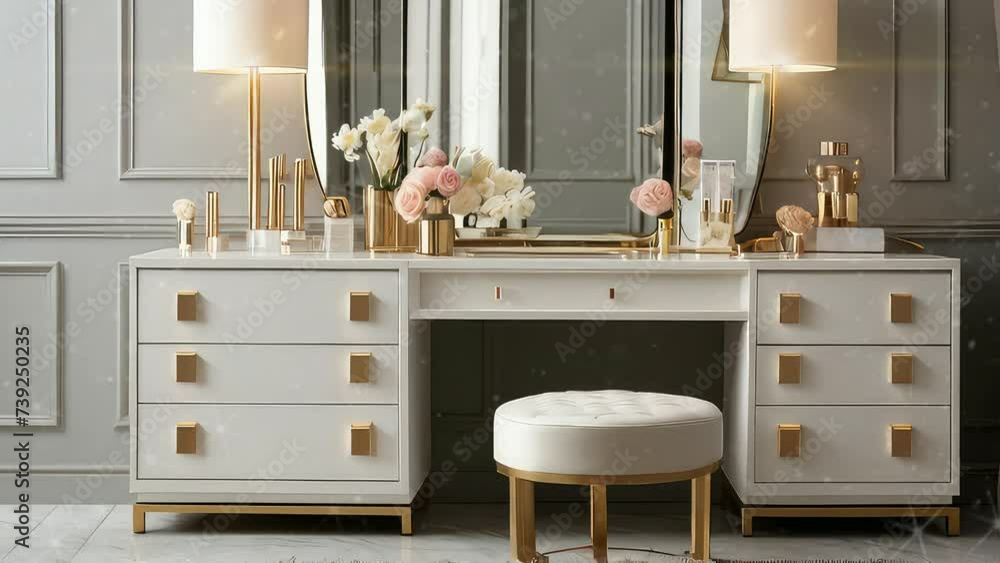 Vidéo Stock Animation classic makeup table with white and gold theme ...