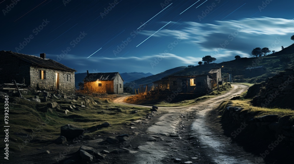 Night in a secluded village, starry sky above, houses dimly lit, a ...