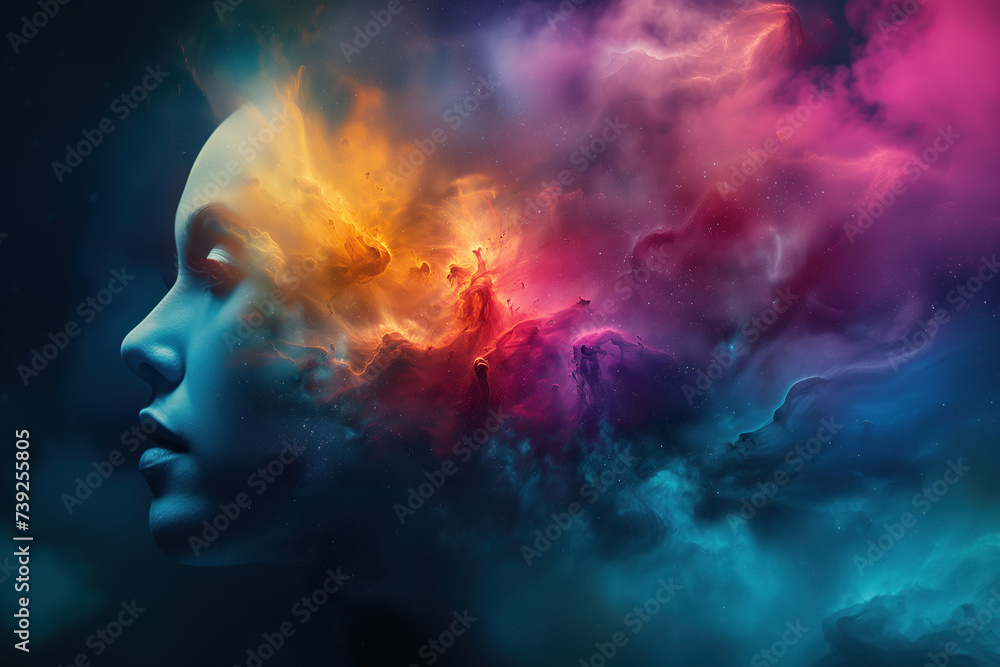horizontal abstract image of a female face profile fading into an ...