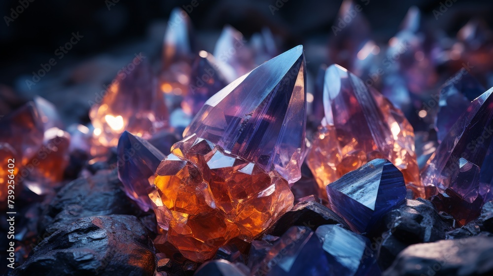 Giant crystal formations in a cavern, illuminated to reveal their ...