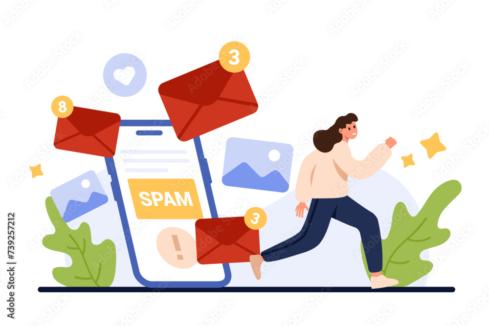 Mobile app mailbox full of marketing letters, spam overload. Tiny woman ...