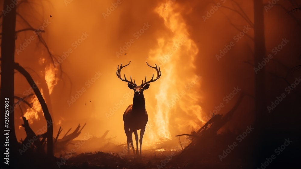 billows of smoke from fires in an In the forest, Wild animals running ...