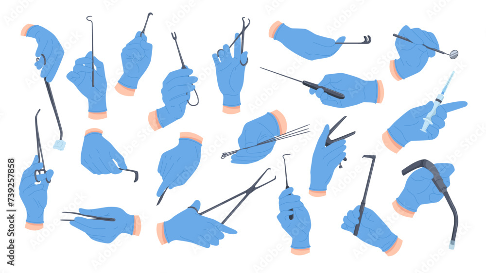 Doctors hands with different medical equipment and surgical tools set ...