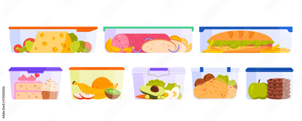 Plastic food containers set. Transparent rectangular boxes with lid ...