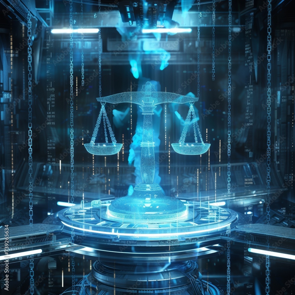 Generate a depiction of an advanced AI court scene with a holographic ...