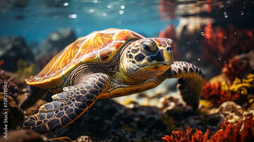 Close-up of a sea turtle gliding over a reef, detailed texture of its ...