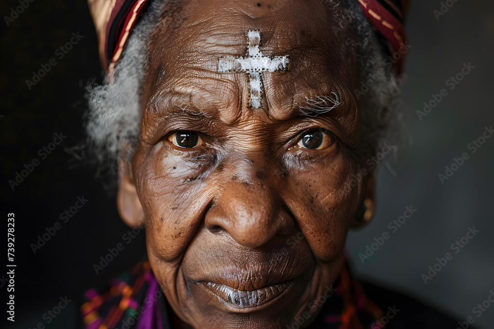 Elderly multiracial woman praying with an ashen cross on her forehead ...