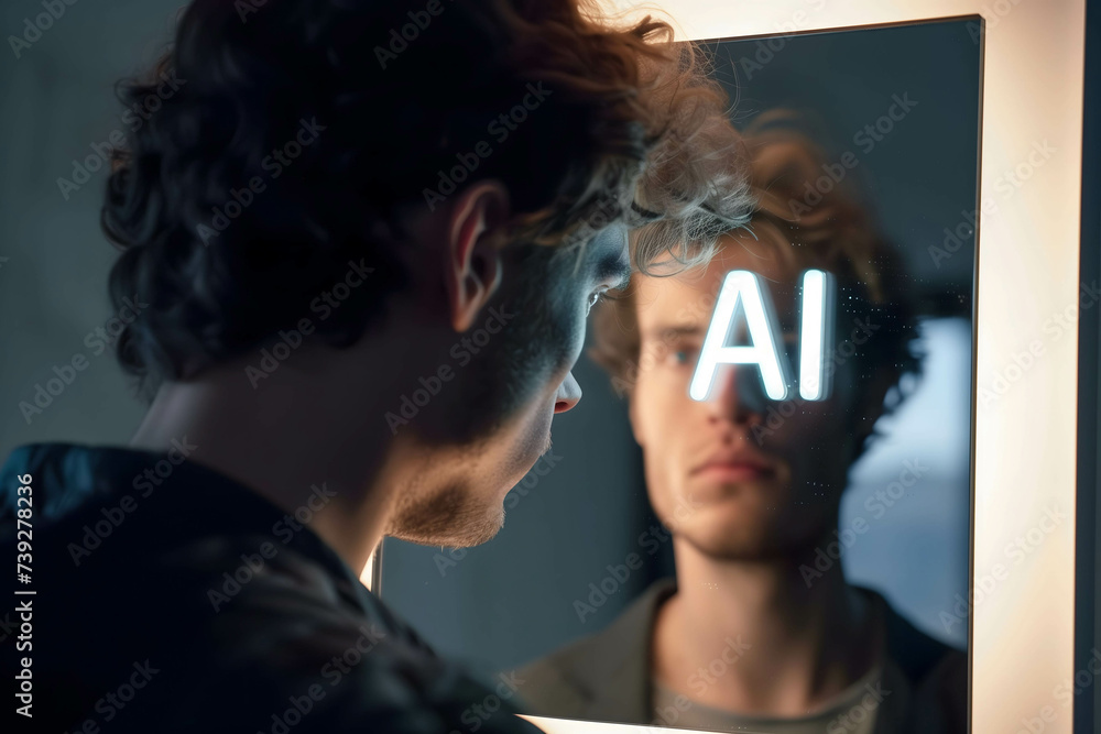 word “AI” in the mirror, robot or artificial intelligence can know what ...
