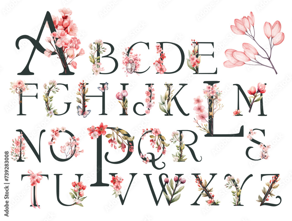 Watercolor floral English alphabet set with wild flowers from A to Z ...