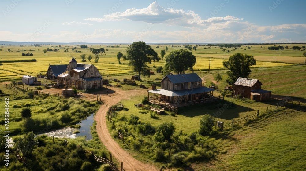 An aerial view of a rustic homestead, the patterns of fields, barns ...