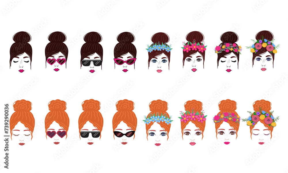 different images of girls with hair buns. Vector Illustration for ...