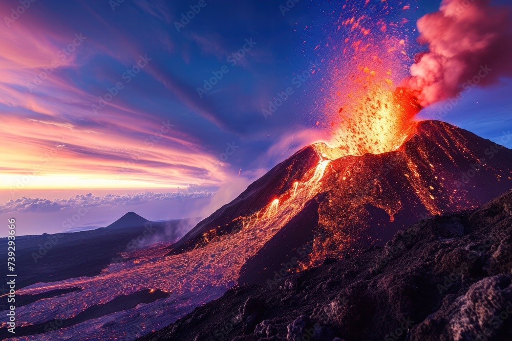 Volcanic chaos: molten lava spews from the crater, creating a striking ...