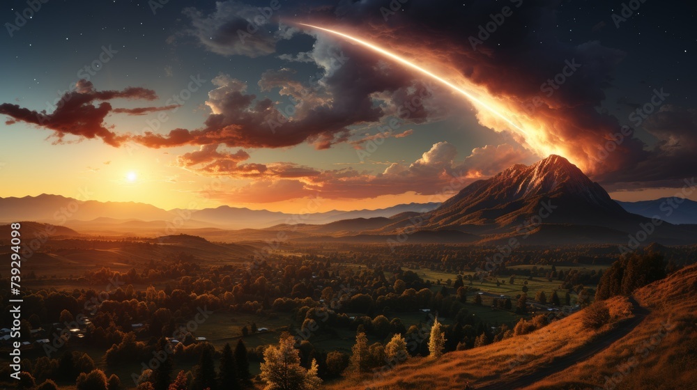 Comet passing close to Earth, tail glowing and visible against the night sky, stars twinkling ...