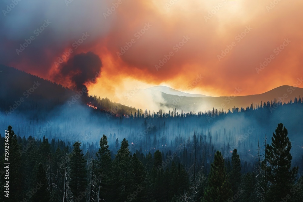 From a far vantage point, a forest is consumed by distant wildfires ...