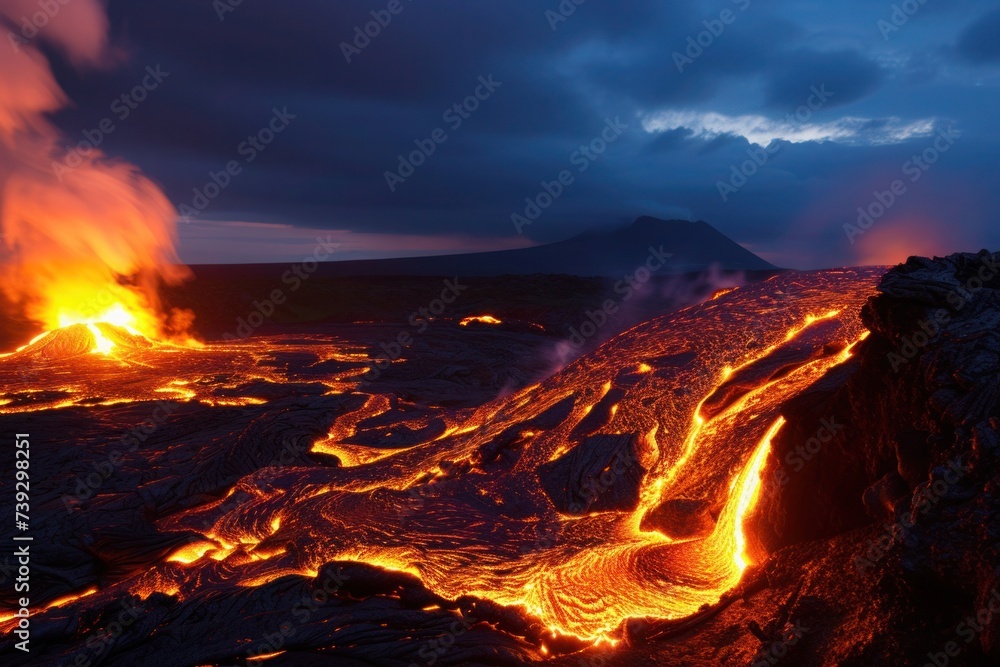 Volcanic chaos: molten lava spews from the crater, creating a striking ...