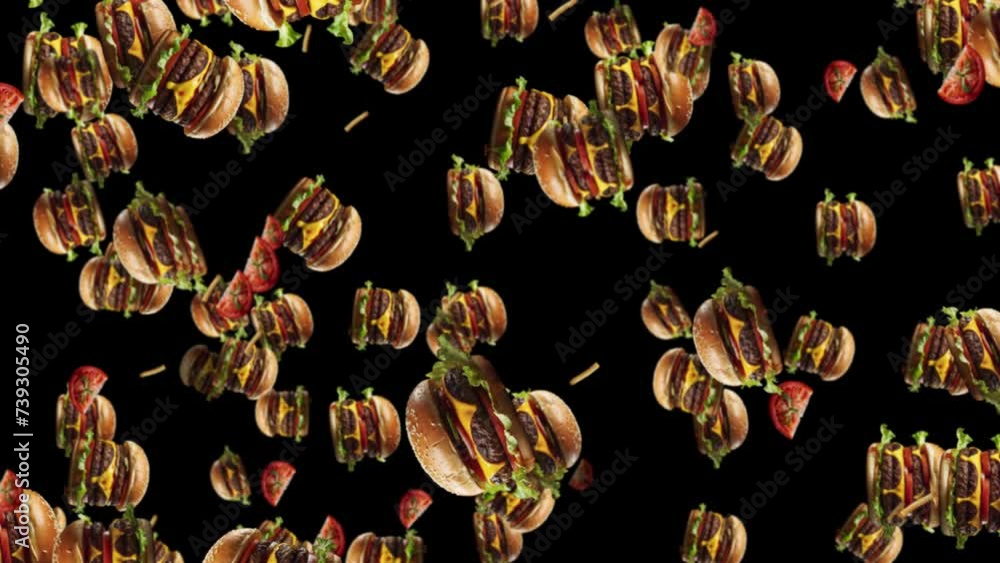 Lots Of Beef Burger Falling On Dark Black Background. Slow Motion Of ...