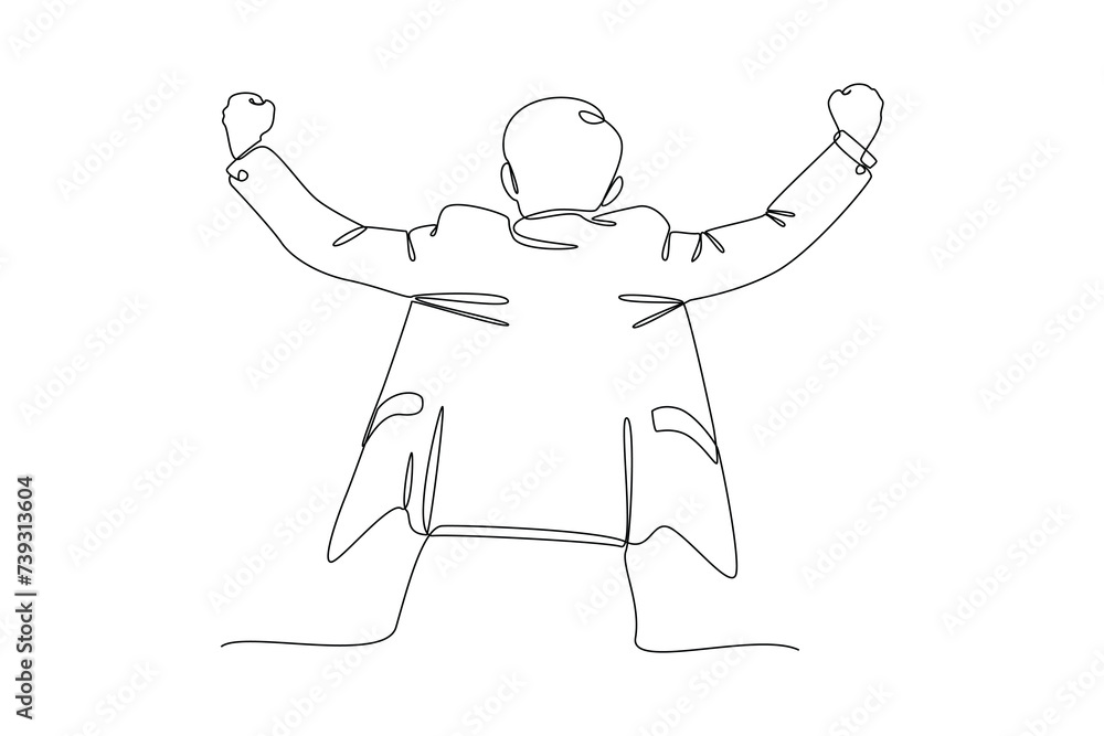 One continuous line drawing of a man celebrates his career success at a ...