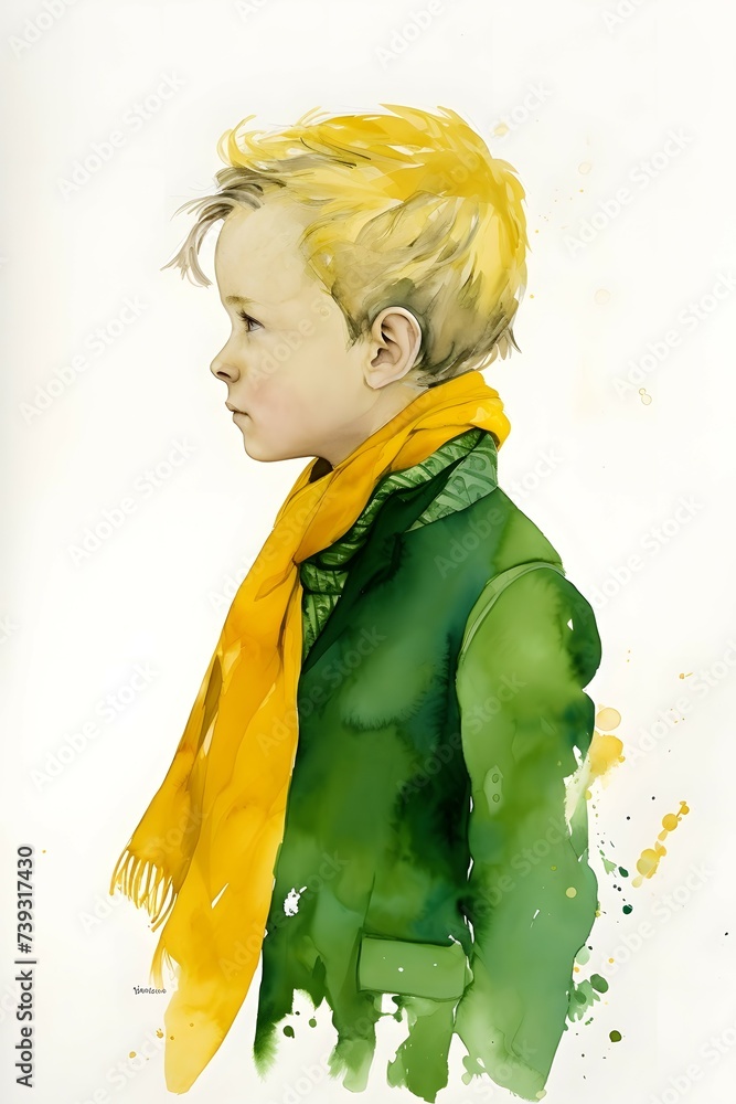 Create a stunning painting of the Little Prince in a green suit with a ...