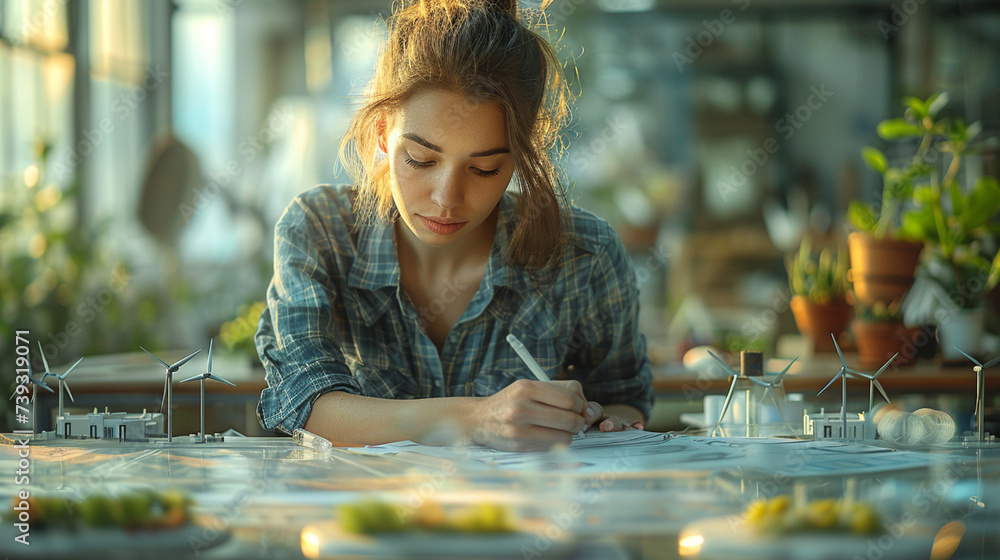 Engineer Collaborating on Eco-Friendly Turbine Design. Engineer engages ...