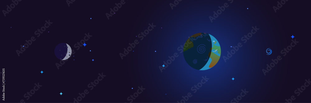 Earth and Moon system with stars banner. Astronomy and space poster ...
