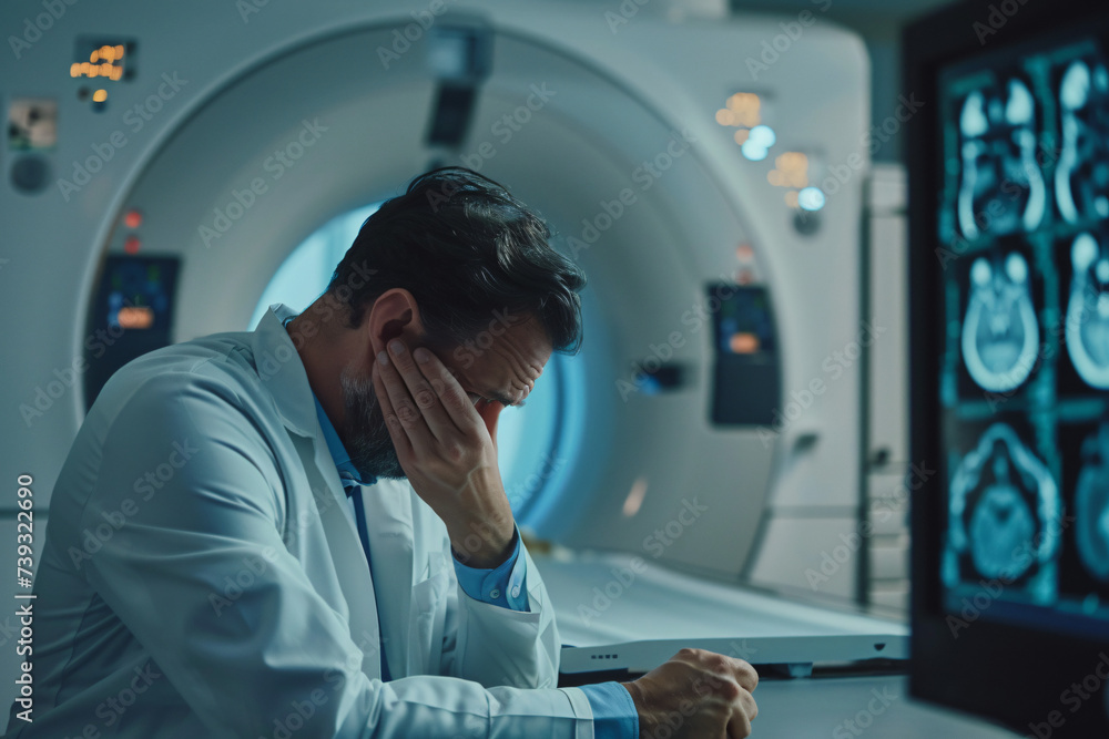 Sad Doctor Examining MRI Scan with Patient's Bad Test Results ...