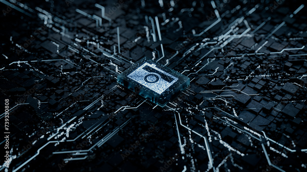 Photo Technology Concept with camera symbol on a Microchip. Data flows ...