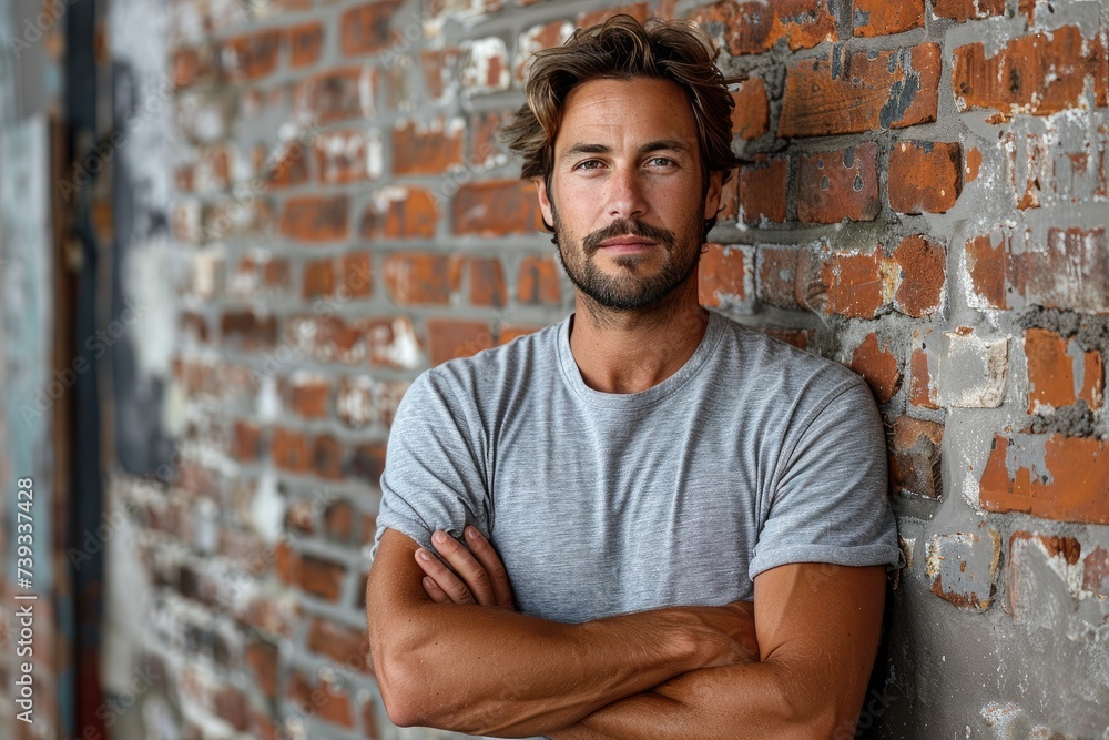 A rugged man with a strong jawline and bushy beard stands confidently ...