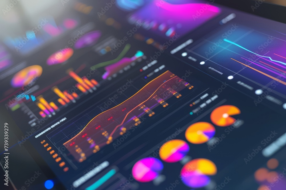 High-resolution close-up of a colorful data analytics dashboard with ...
