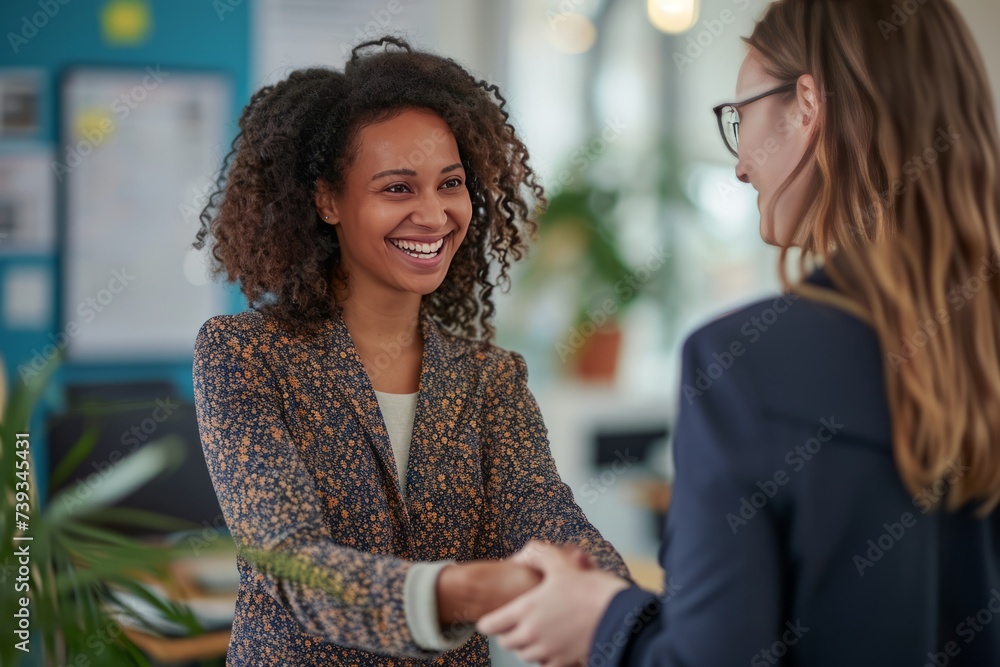 Two businesswomen warmly greeting each other with a handshake in a ...