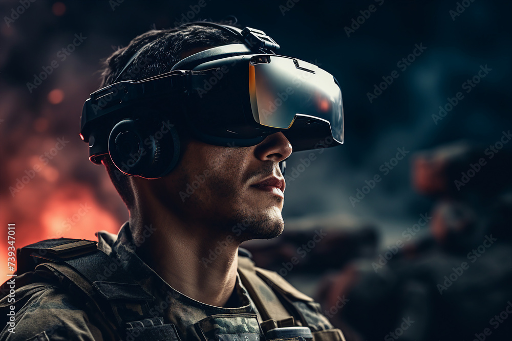 A hightech military drone piloted by a focused soldier wearing advanced ...