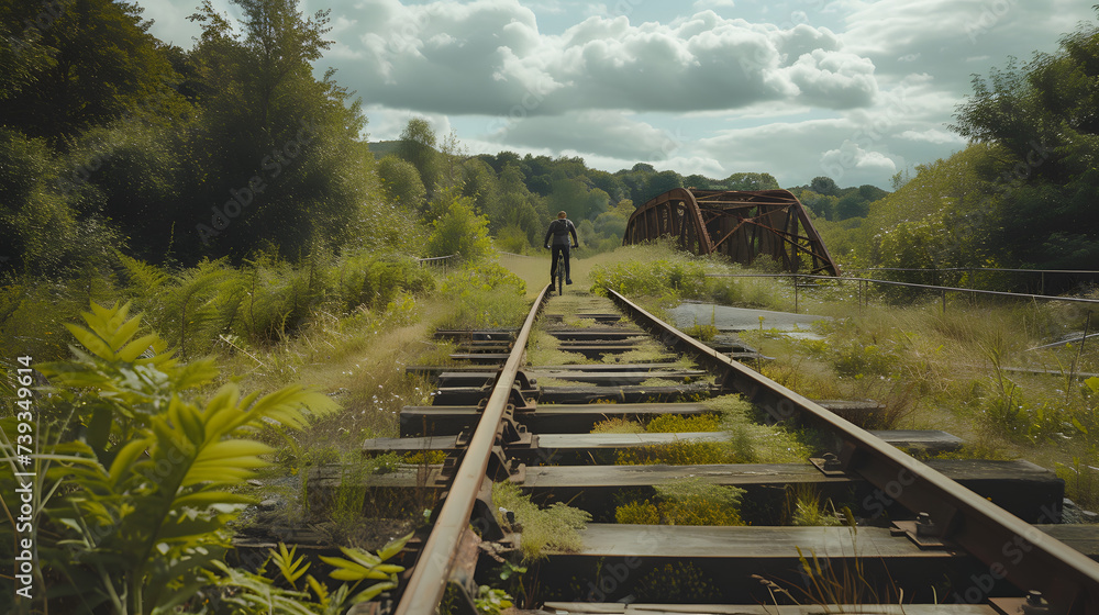 A cyclist exploring an abandoned railway track converted into a ...