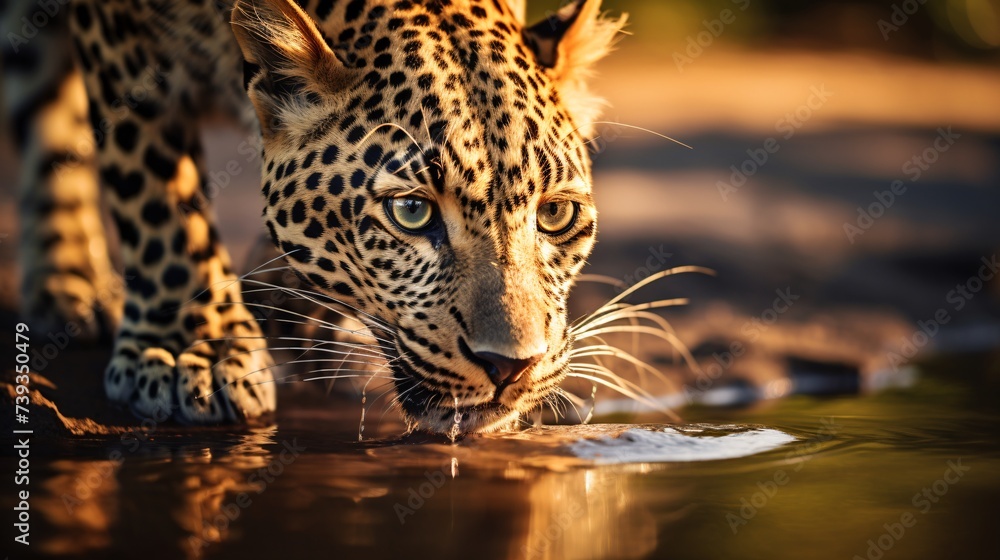 Leopard drinks water in aquatic animals on safari The image of a ...