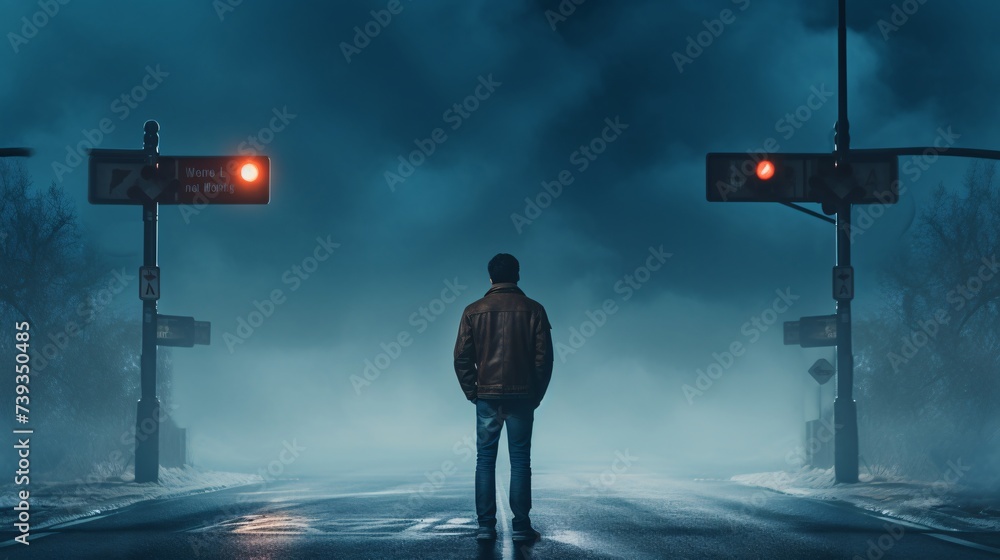 View from behind of person standing at intersection which is a point of ...