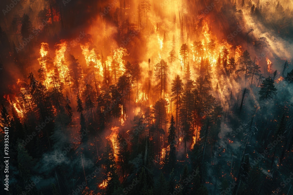 The fierce wildfire engulfed the serene forest, its blazing flames and ...