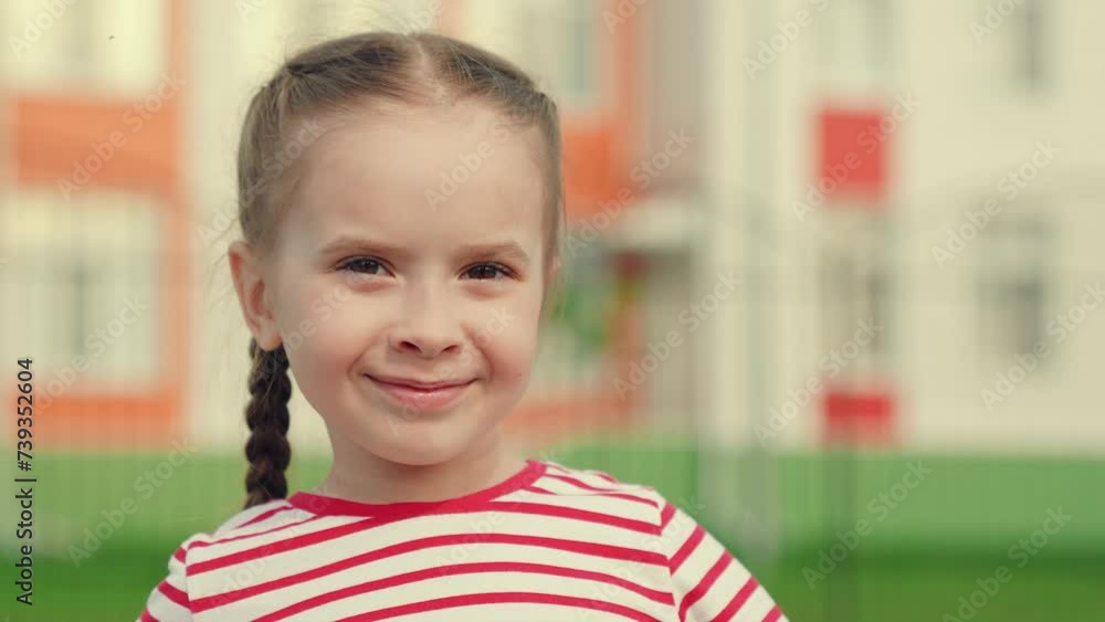 Happy child face, smile, eyes of child closeup. Portrait of little girl ...