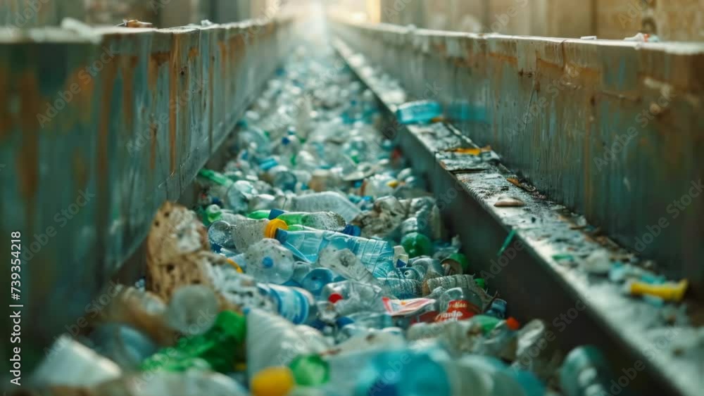 Plastic waste recycling plant. Conveyor with shredded plastic PET ...