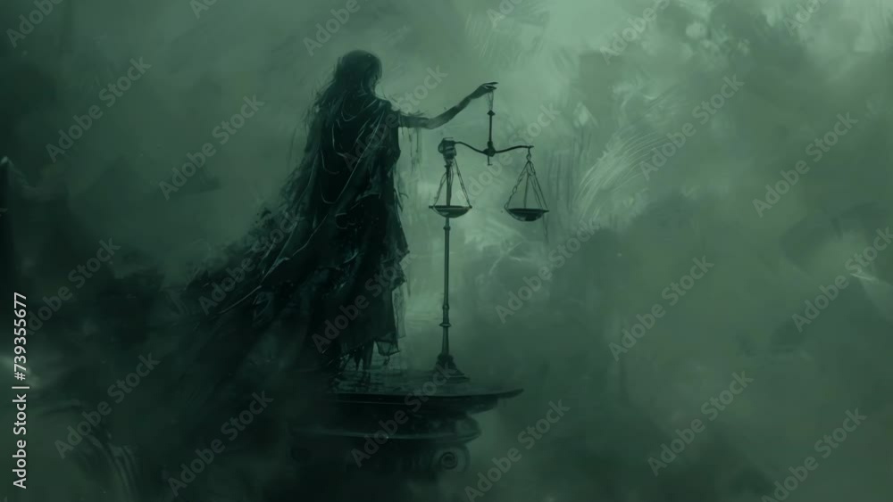 Mysterious person silhouette in black outfit standing with scales of ...