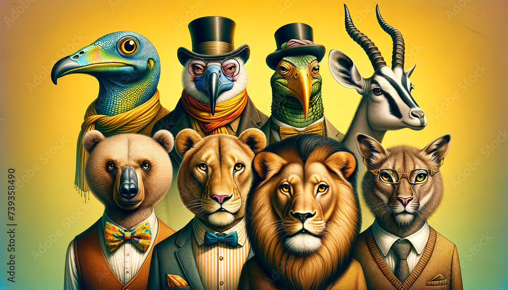 A group of anthropomorphized animals in formal attire, including a bird ...