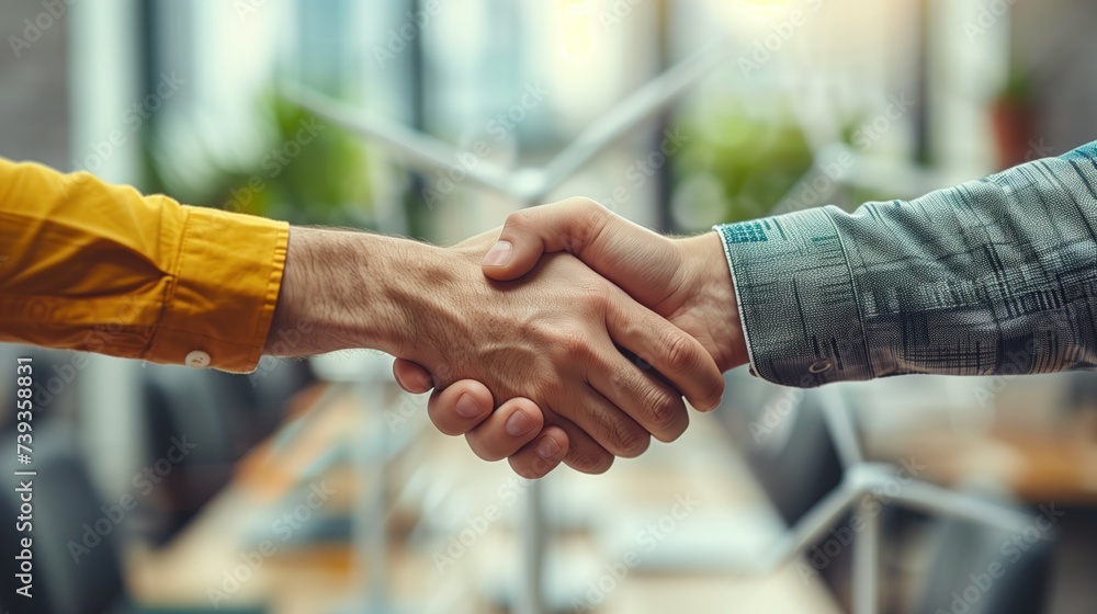 A handshake between two business partners surrounded by wind turbine ...