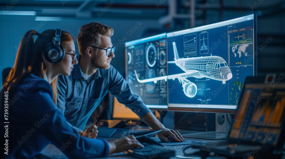 Two aerospace engineers are focused on analyzing aircraft design simulations on computer screens ...