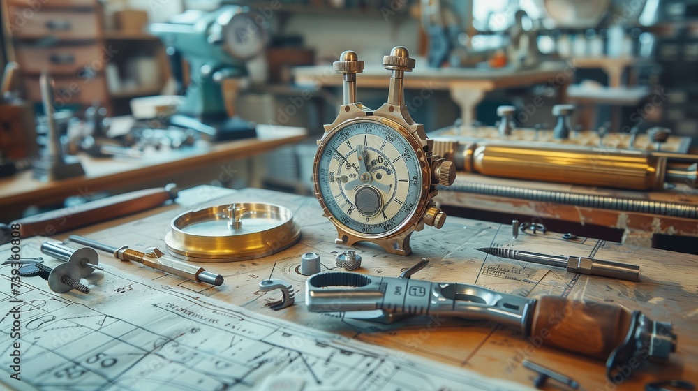 An array of classic engineering tools laid out on a workbench with ...