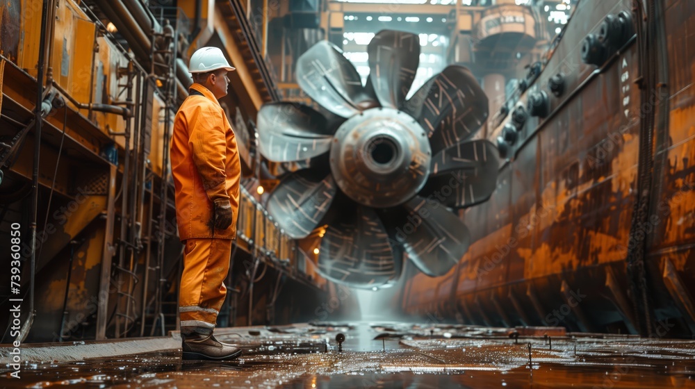 Marine engineer in safety gear examines the large propulsion system of ...