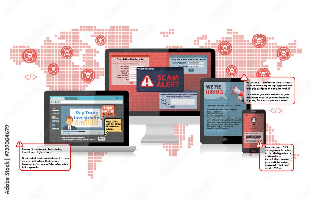 Scam Alert Infographic. Hacker and Cyber criminals phishing stealing ...