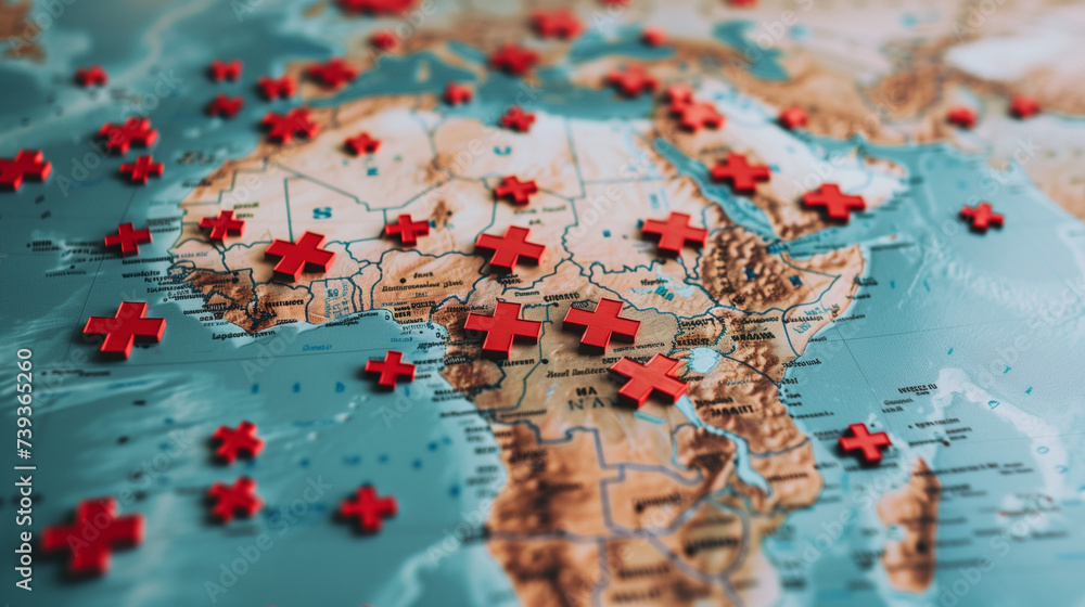 Global map backdrop with Red Cross symbols scattered across ...