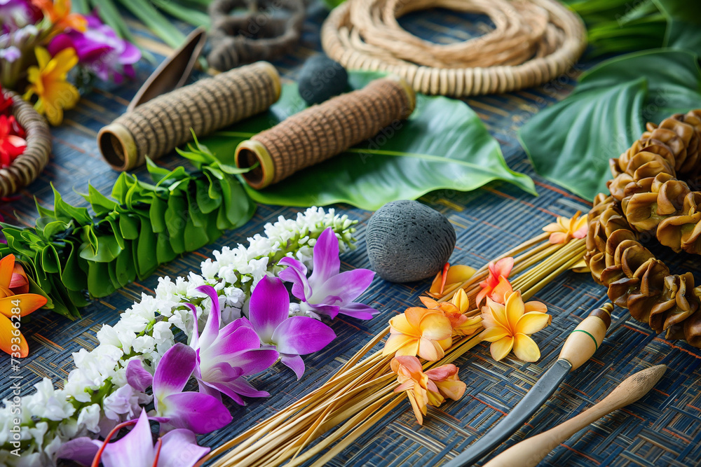 Hawaiian Lei Day concept, lei-making tools and fresh tropical flowers ...