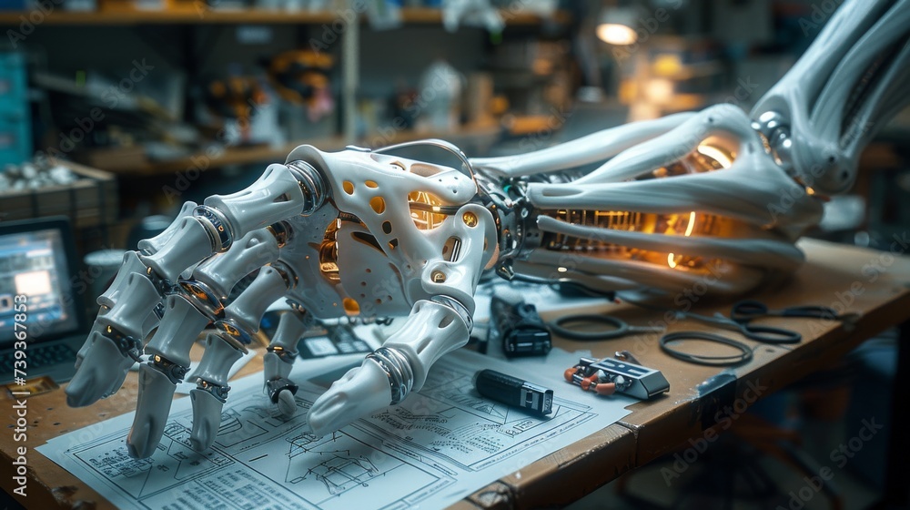 Bionic skeletal hand reaching towards a 3D printed bone replacement set ...