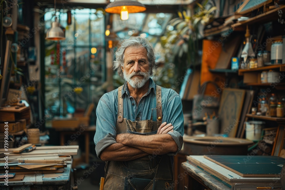Amidst the clutter of fabric and tools, a stern-faced man stands with ...