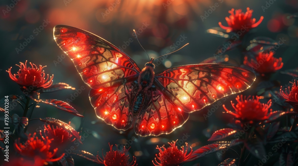 A butterfly with ruby like patterns on its wings drawn to the glow of ...