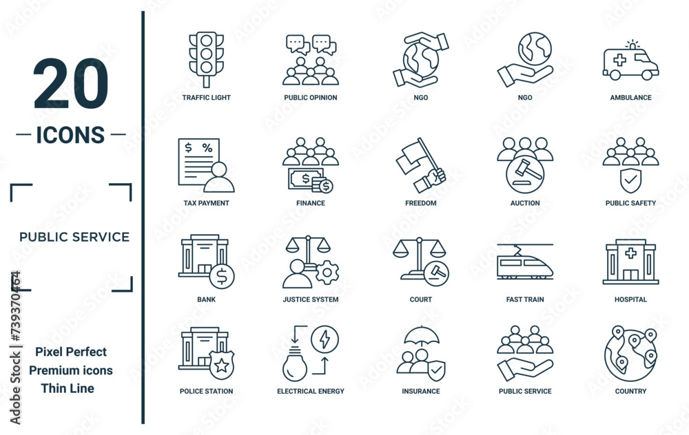 Vetor de public service linear icon set. includes thin line traffic ...